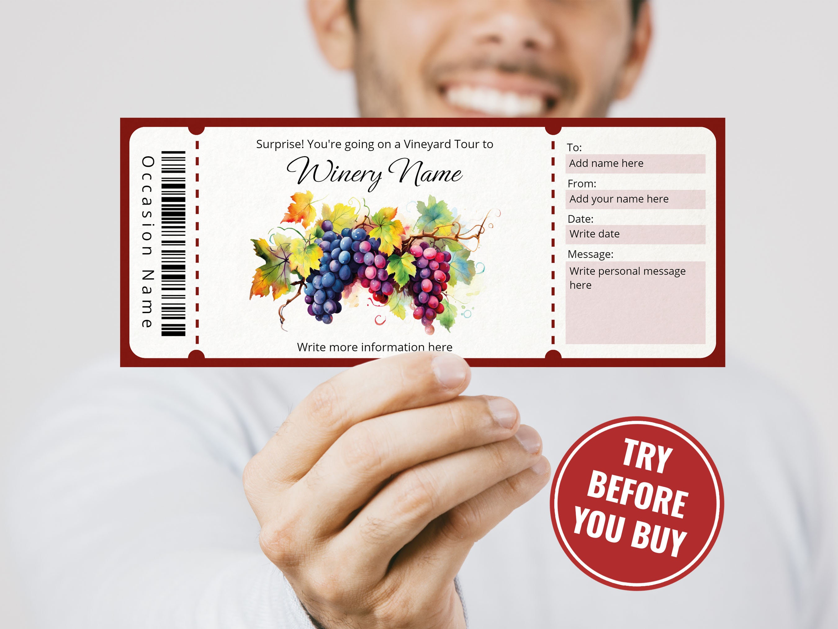 Editable Watercolor Vineyard Tour Gift Certificate Template Perfect for ...