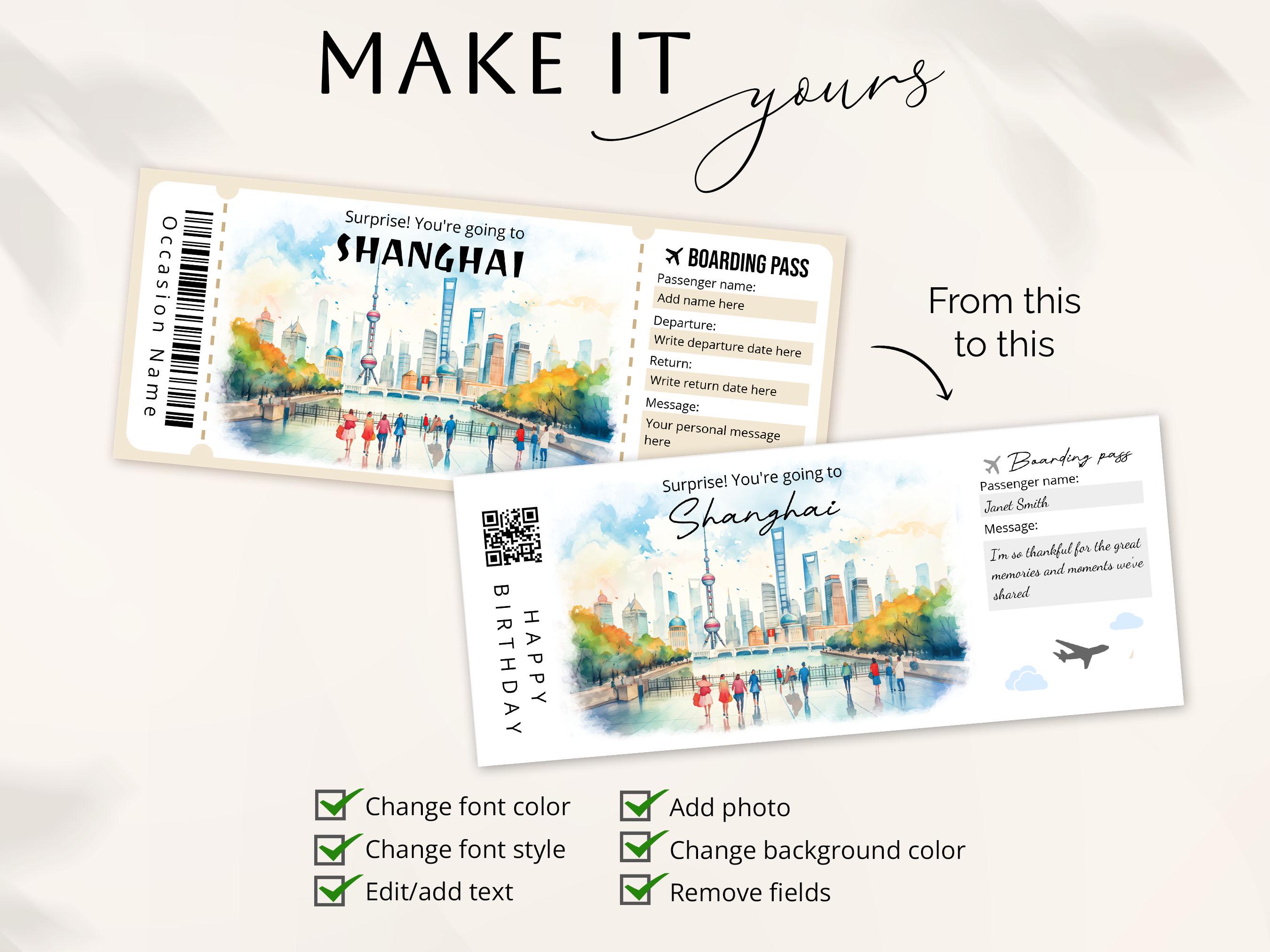 Editable Shanghai Boarding Pass Template, Surprise Shanghai Trip Reveal ...