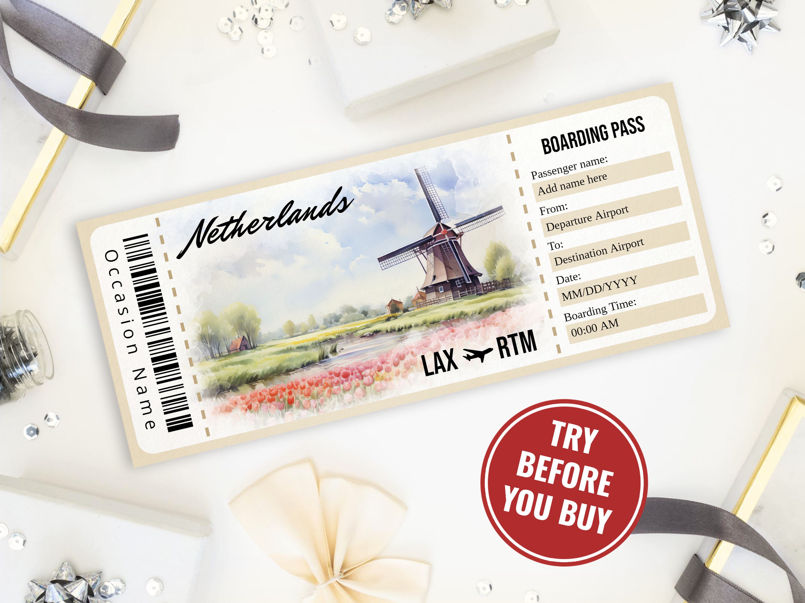 Netherlands Trip Editable Watercolor Boarding Pass Template, Holland ...