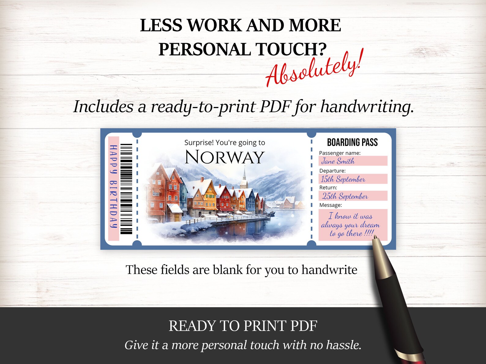 Editable Norway Boarding Pass Template, Personalized Printable Surprise ...