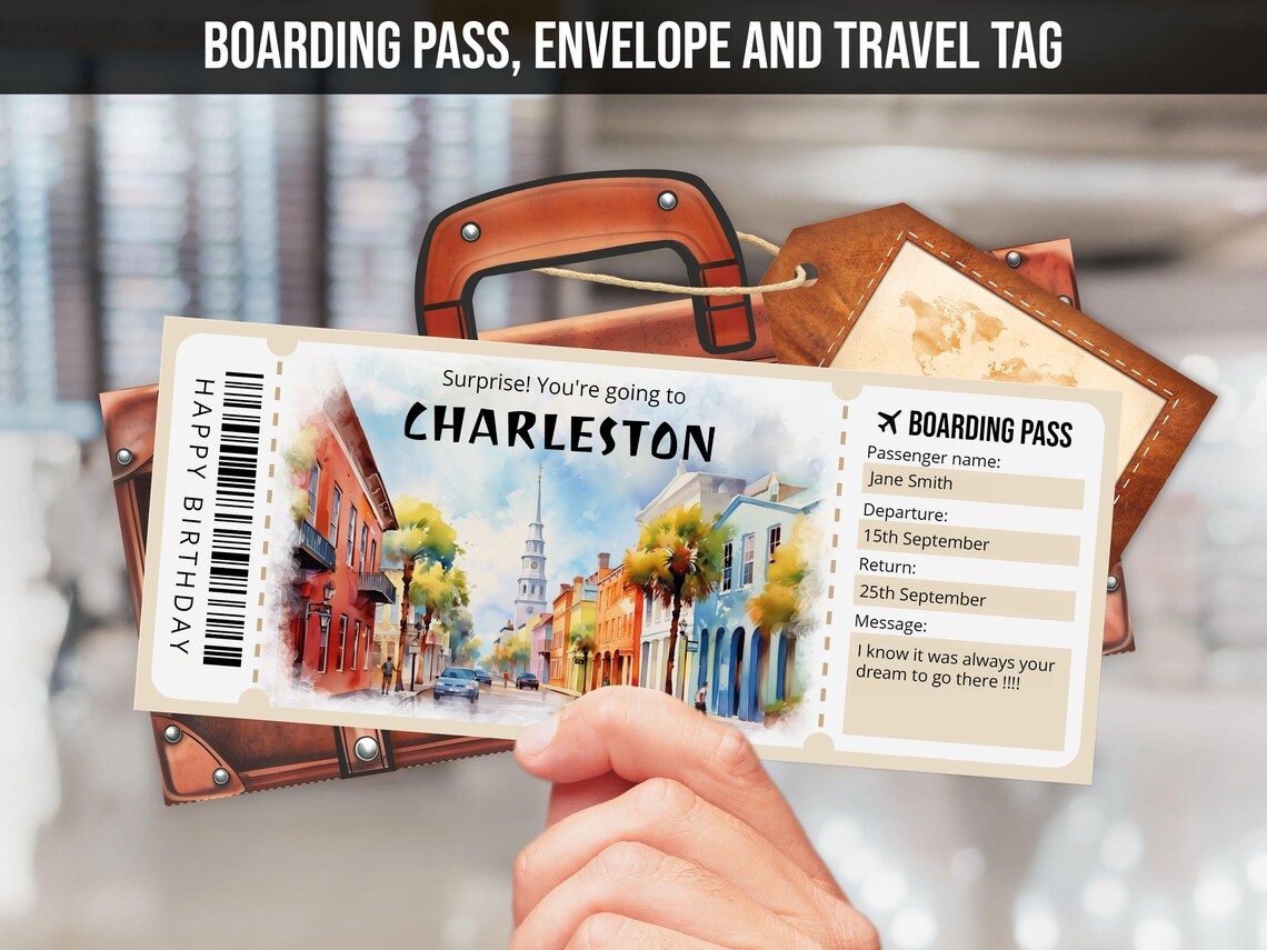 Surprise Charleston SC USA Trip Reveal Gift Ticket Template, USA ...
