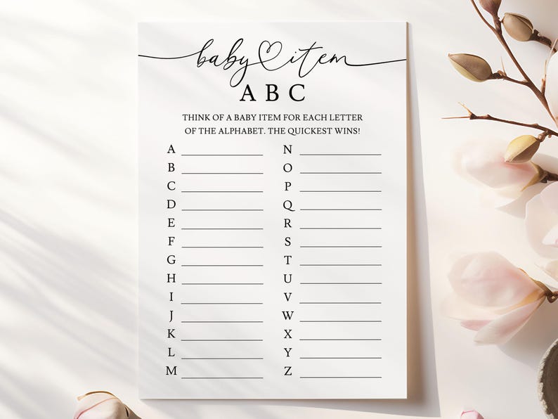 Printable Baby Item ABC Baby Shower Game, Minimalist Alphabet Race Game ...