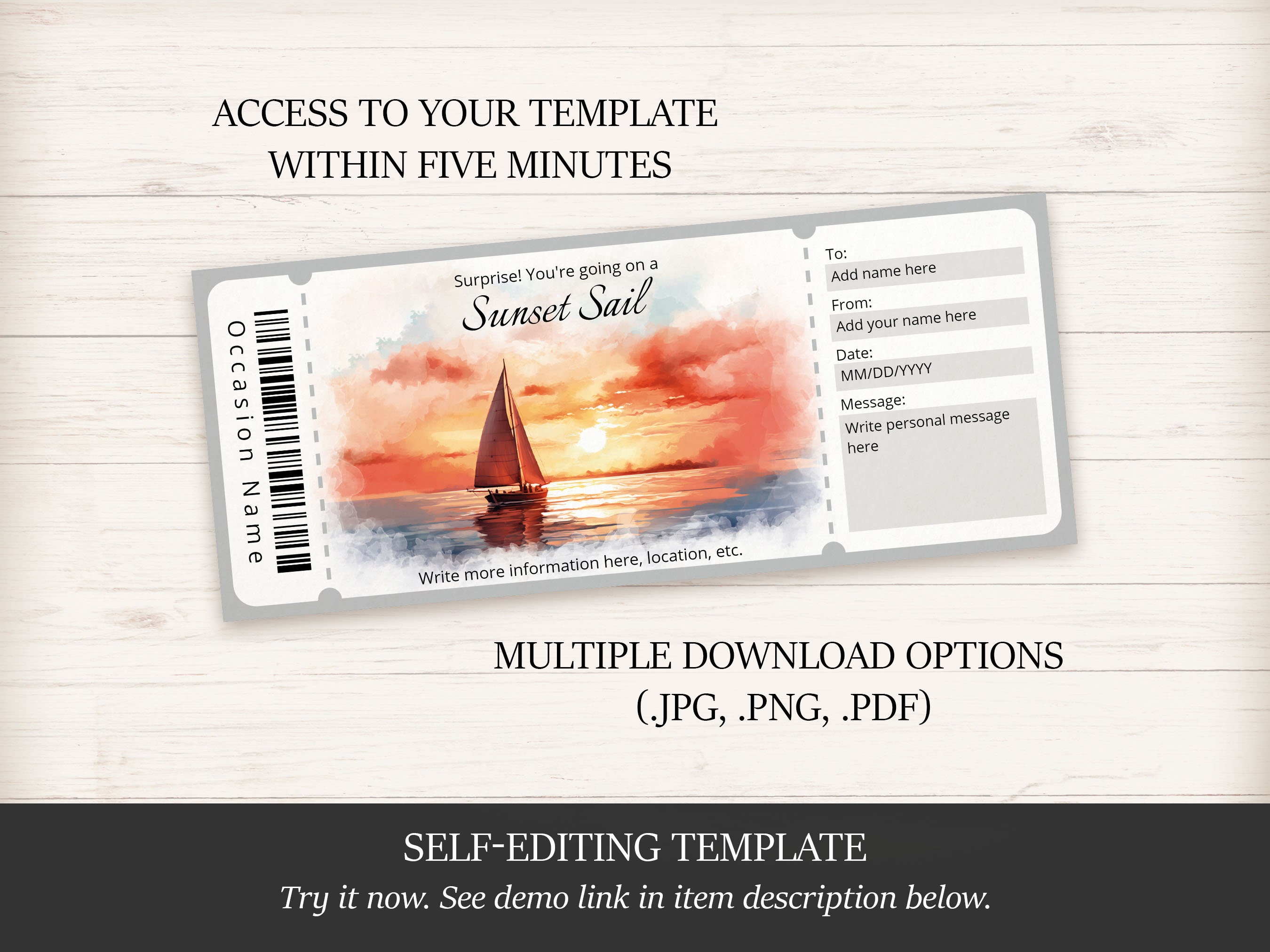 Editable Watercolor Sunset Sailing Ticket Template, Surprise Sailing ...