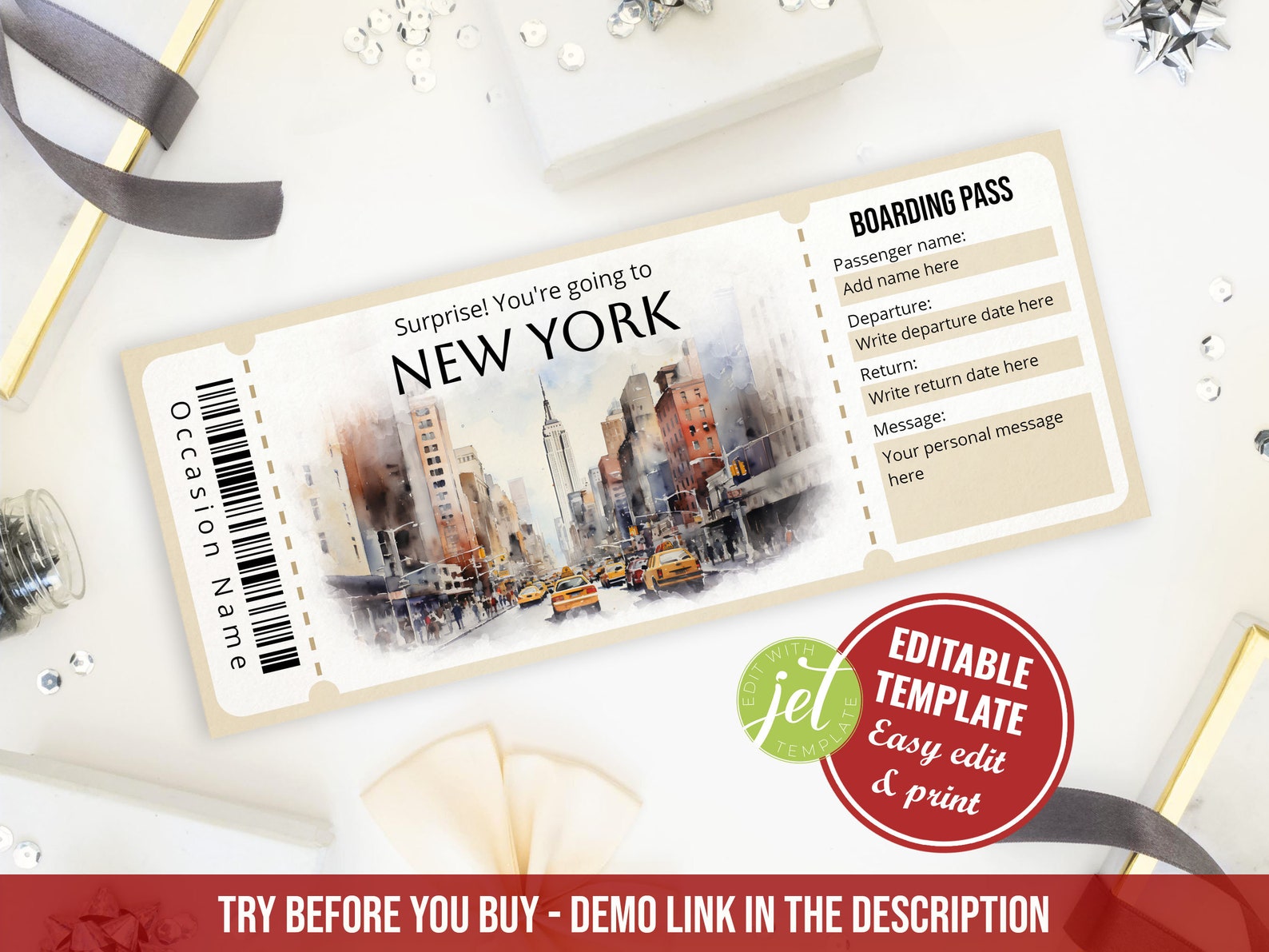 Editable New York Boarding Pass Template, Personalized Printable ...
