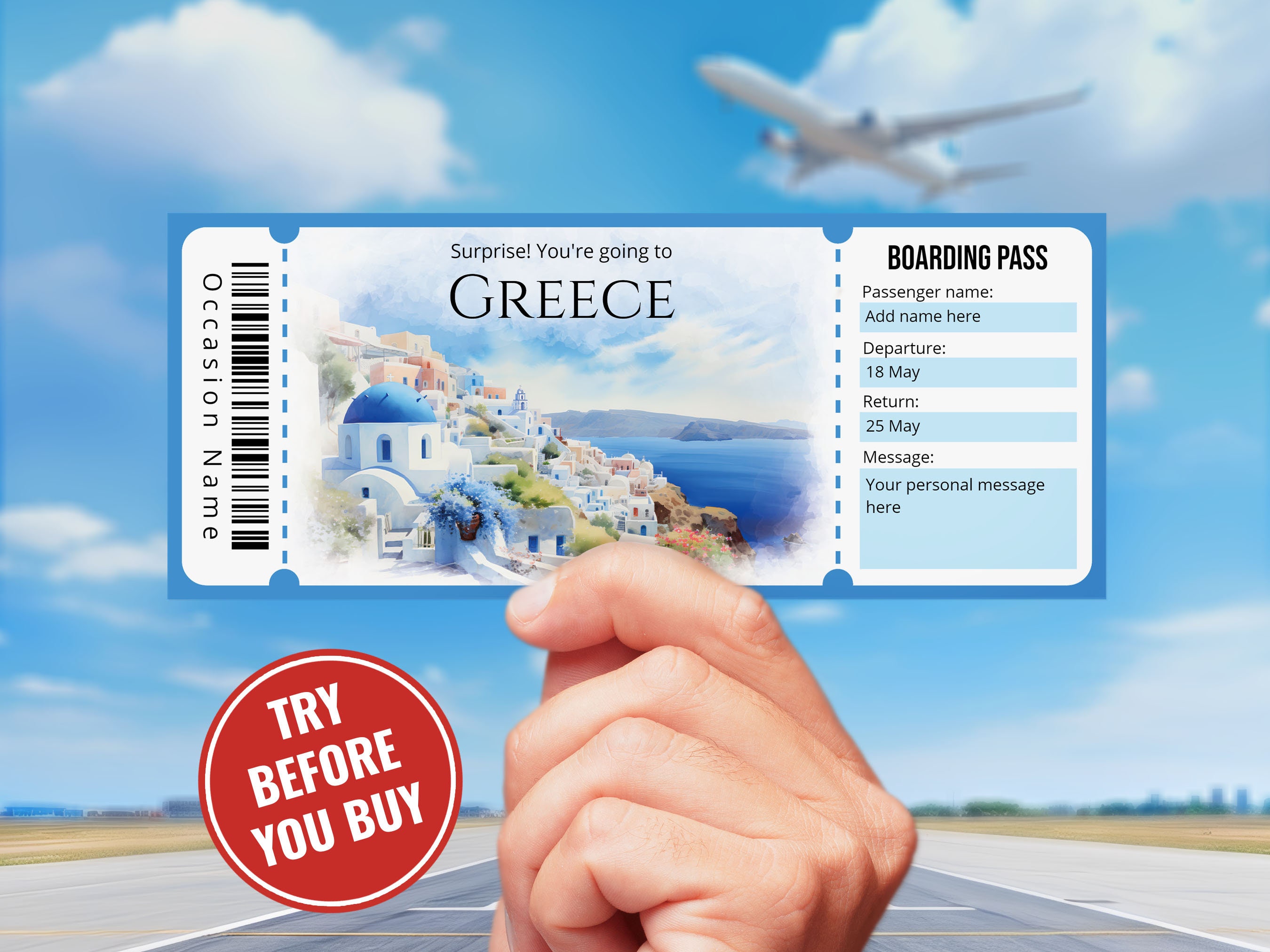 Editable Greece Boarding Pass Template, Watercolor Surprise Greece Trip ...