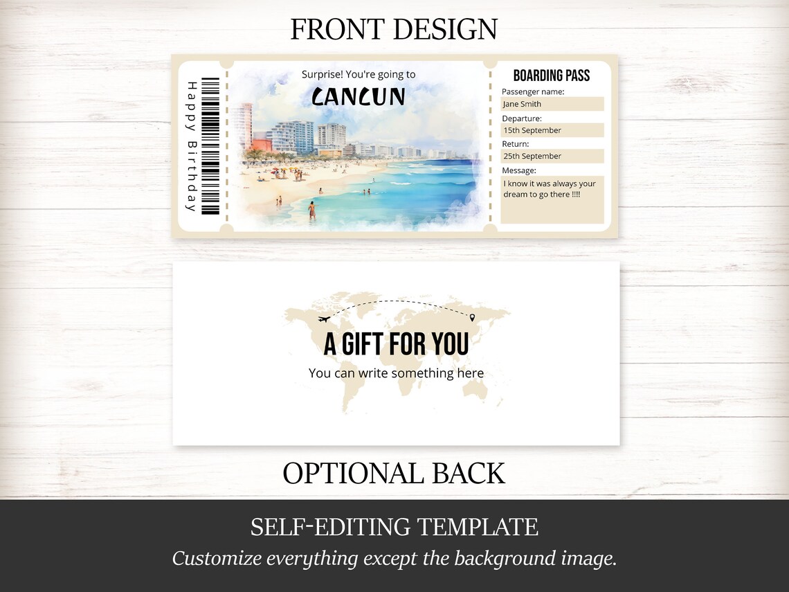 Printable Cancun Boarding Pass Template, Personalized Editable Cancun ...