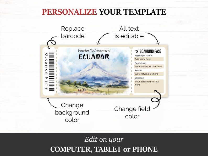 Editable Ecuador Boarding Pass Template, Surprise Trip to ECUADOR ...