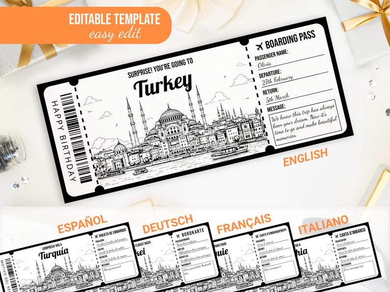 Editable Turkey Boarding Pass Template Printable Turkey Trip Surprise ...