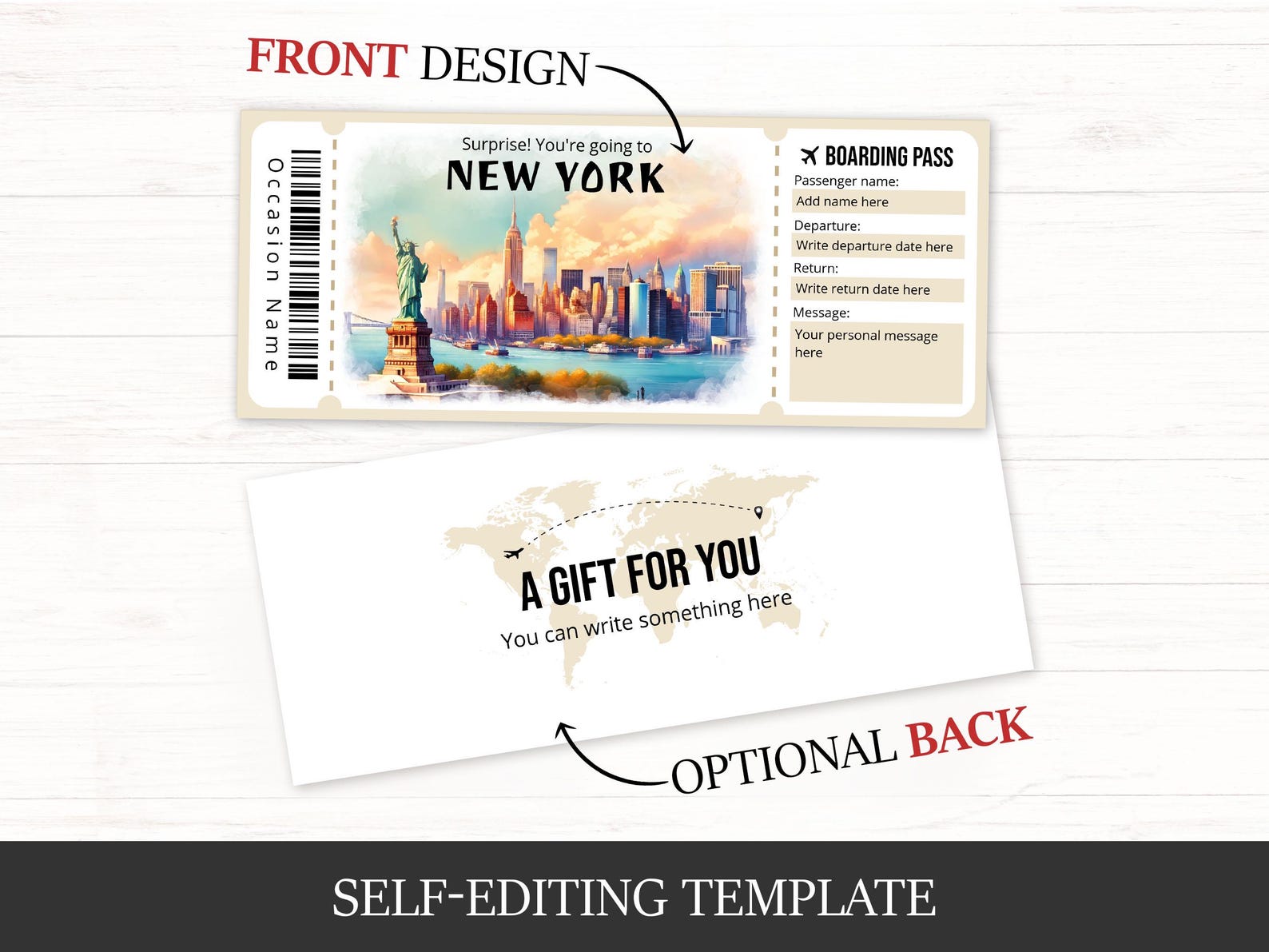 New York Boarding Pass Template, Editable and Printable Surprise New ...
