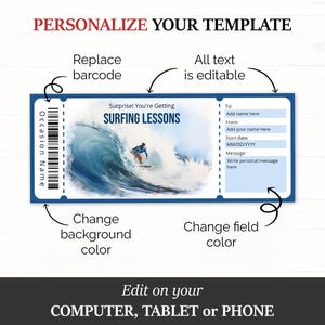 Editable Surfing Gift Certificate Template for Surf Lover, Printable ...