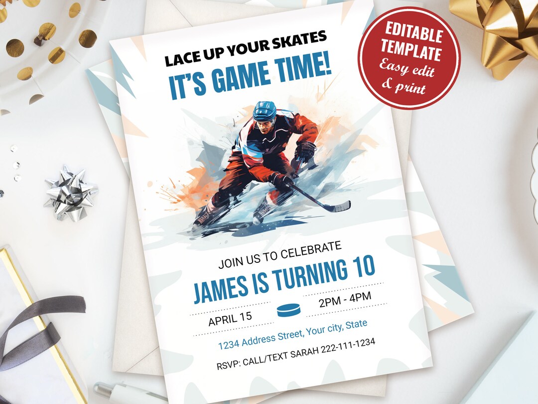 Editable Hockey Birthday Invitation Template, Watercolor Ice Hockey ...
