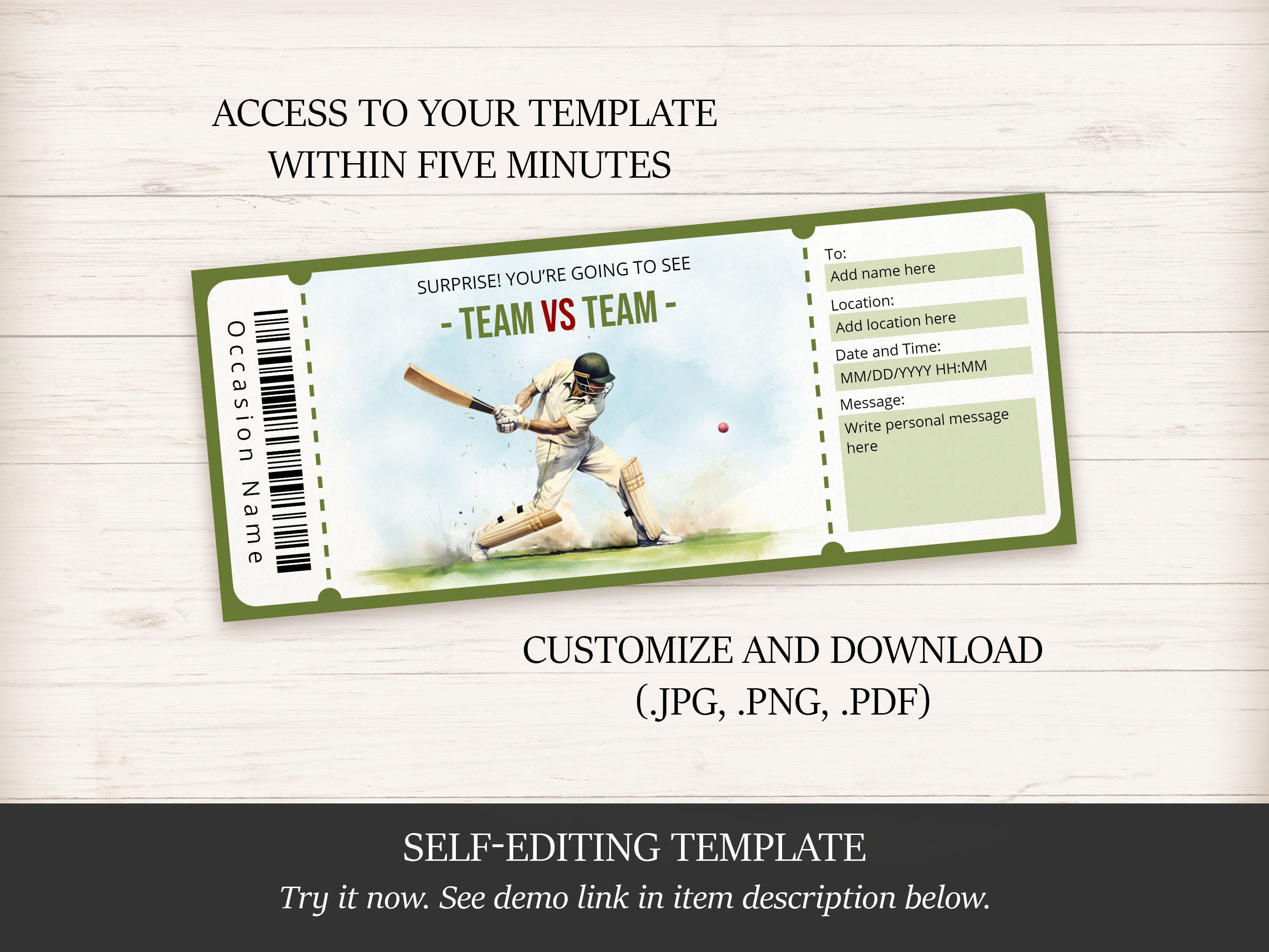 Surprise Cricket Match Ticket Template, Customizable and Printable ...