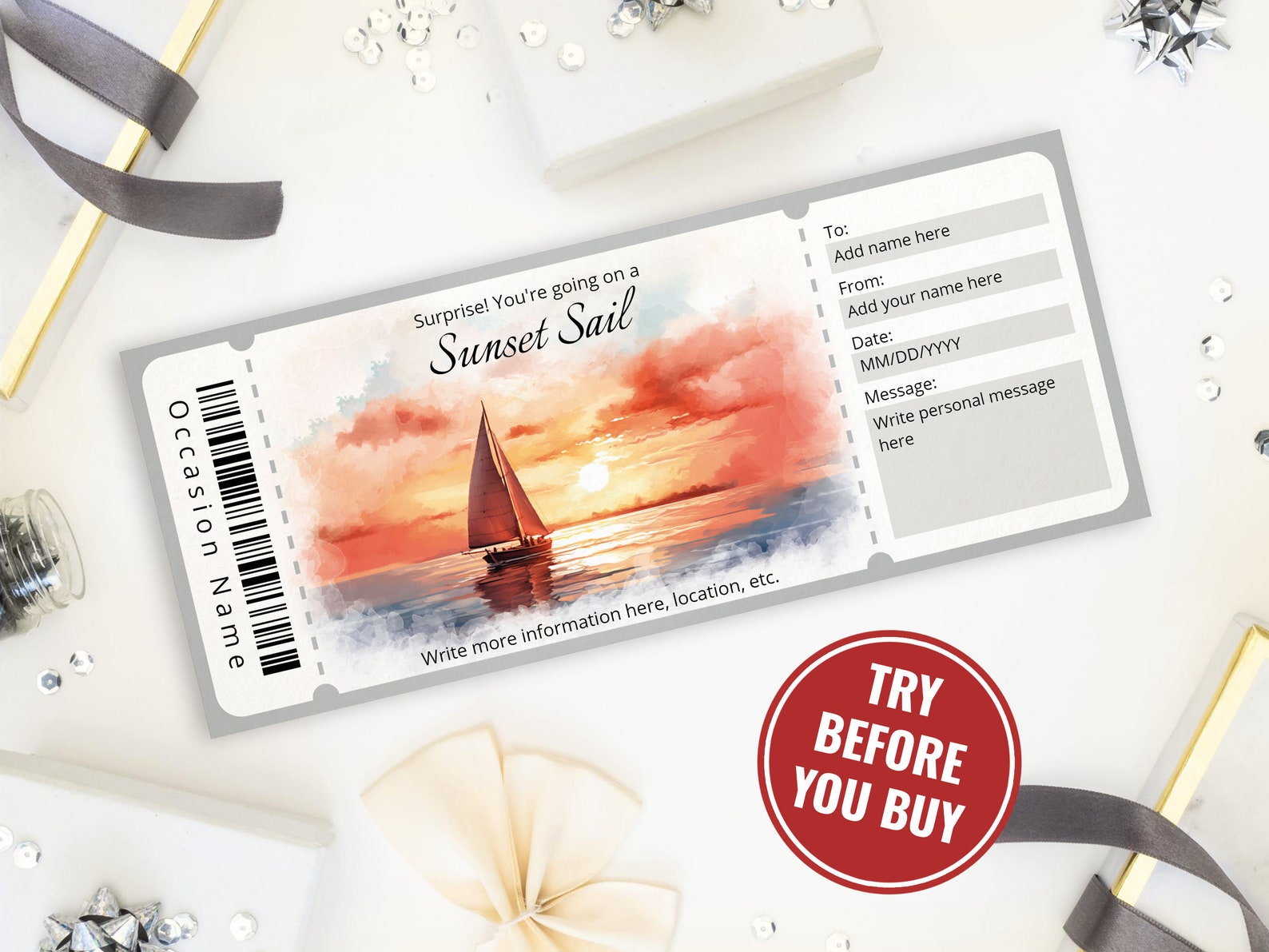 Editable Watercolor Sunset Sailing Ticket Template, Surprise Sailing ...