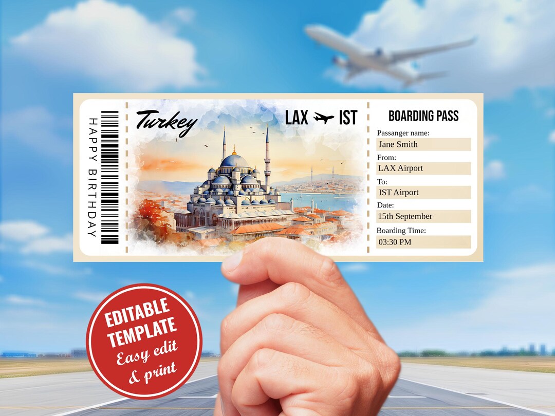 Turkey Trip Editable Watercolor Boarding Pass Template, Turkey Ticket ...