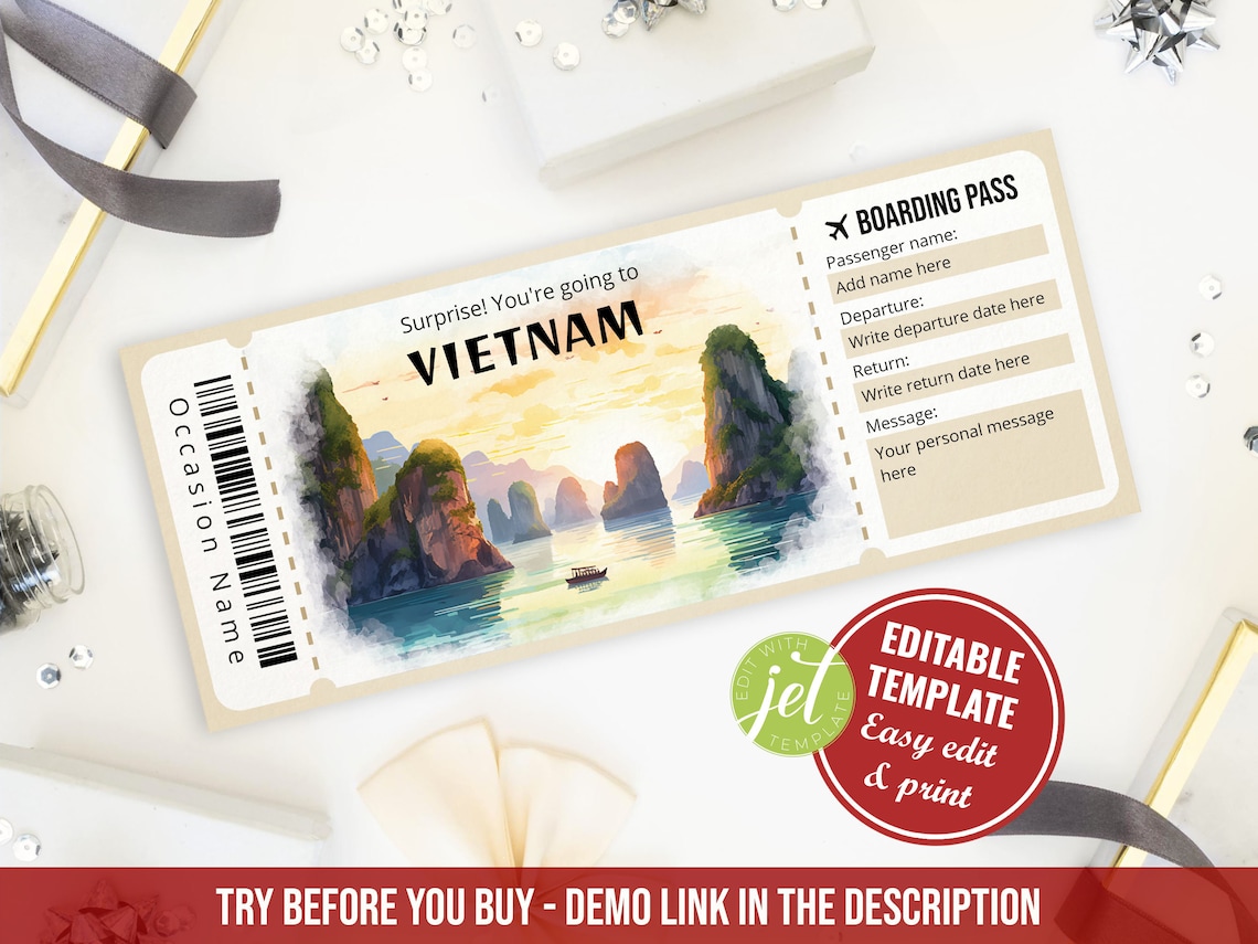 Editable Vietnam Boarding Pass Template, Personalized Gift Printable ...