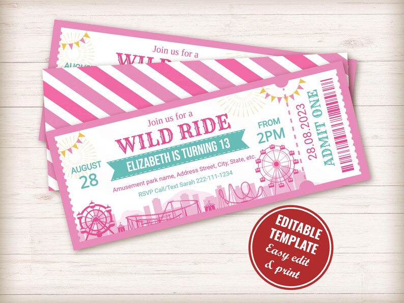 Pink Amusement Park Ticket Invitation Template, Editable Carnival Theme ...