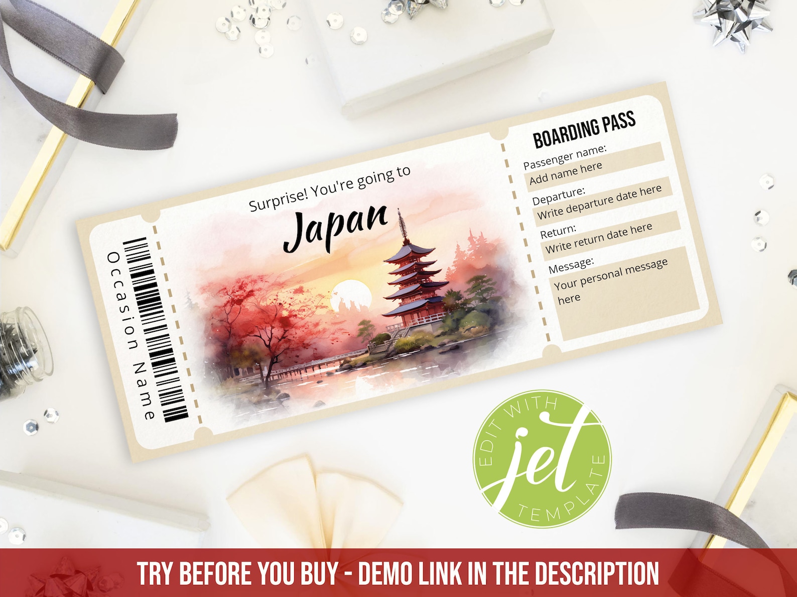 Japan Boarding Pass Editable Template Printable Surprise Trip Japan ...