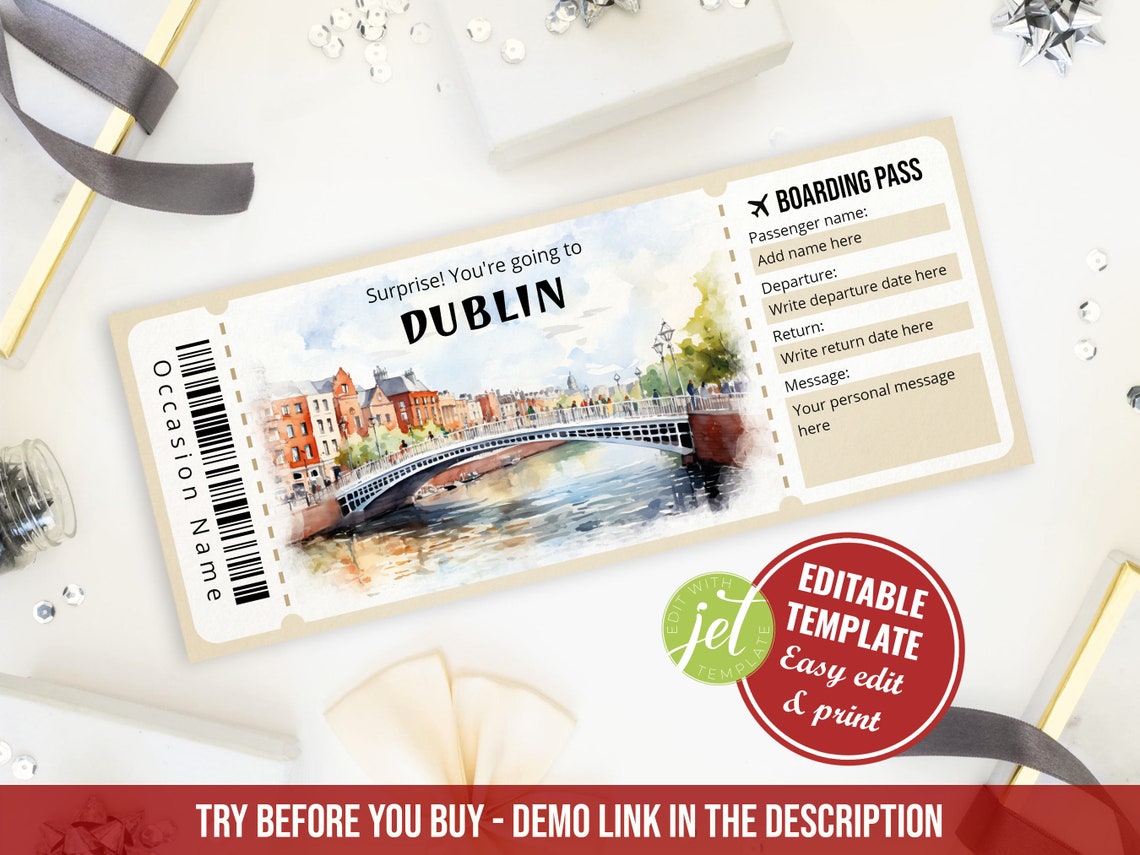 Editable Dublin Boarding Pass Template, Personalized Gift Printable ...