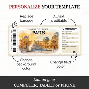 Surprise Paris France Trip Reveal Gift Ticket Template, Paris Boarding ...