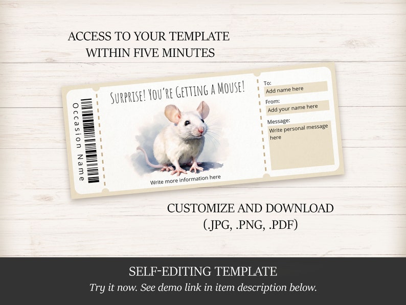 Editable Mouse Gift Certificate Template for Mouse Lover, Personalized ...