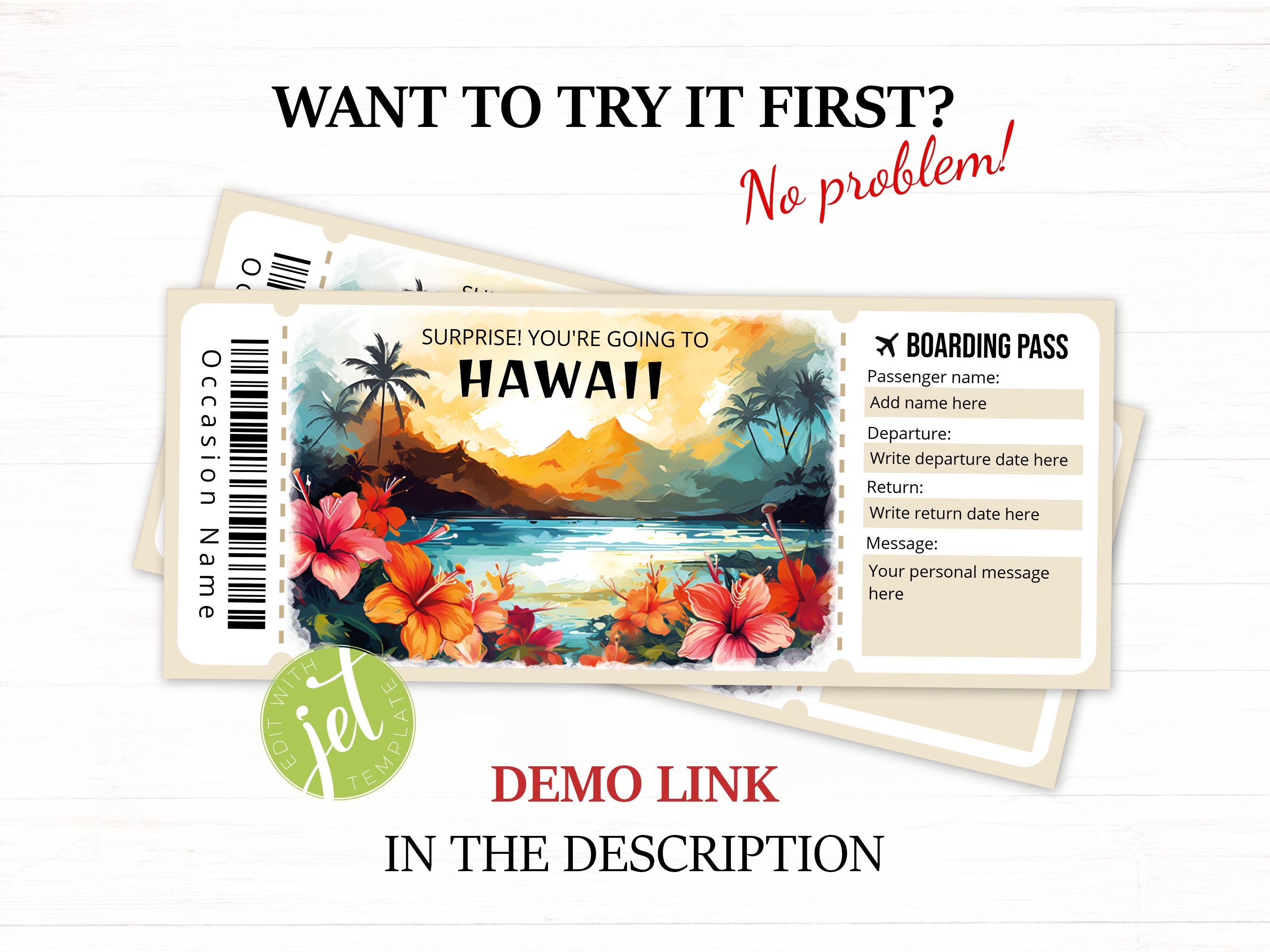 Editable Hawaii Boarding Pass Template, Printable Surprise Hawaii Trip ...