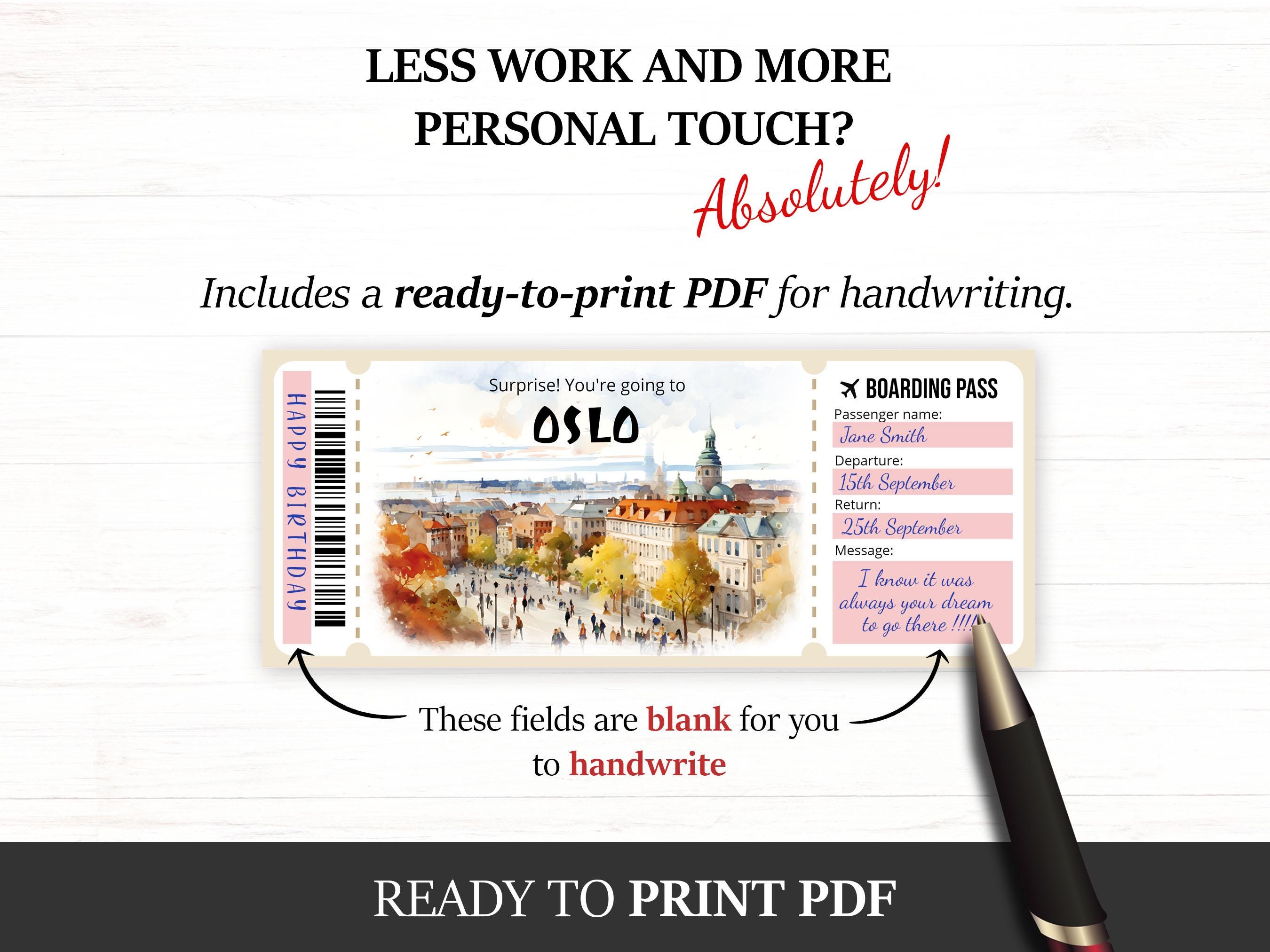 Editable Oslo Boarding Pass Template, Surprise Watercolor Oslo Norway ...