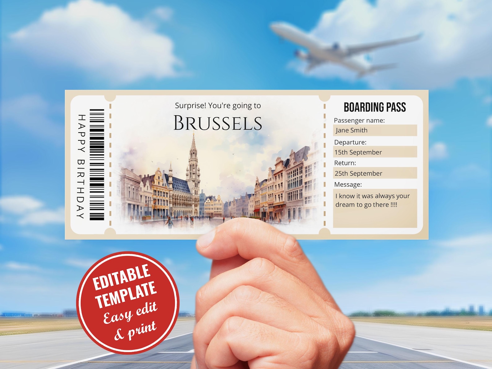 Editable Brussels Boarding Pass Template, Printable Digital Watercolor ...