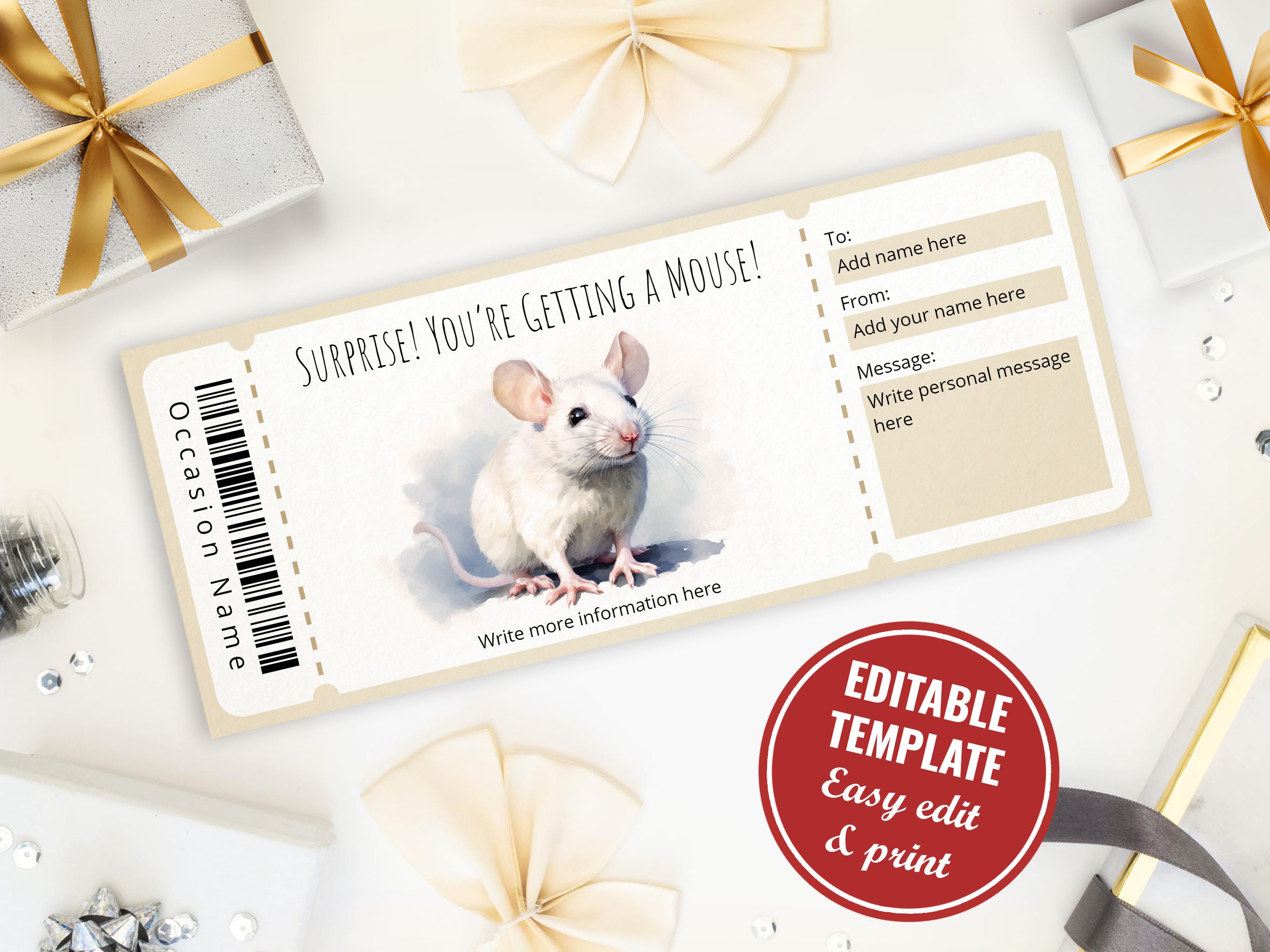 Editable Mouse Gift Certificate Template for Mouse Lover, Personalized ...
