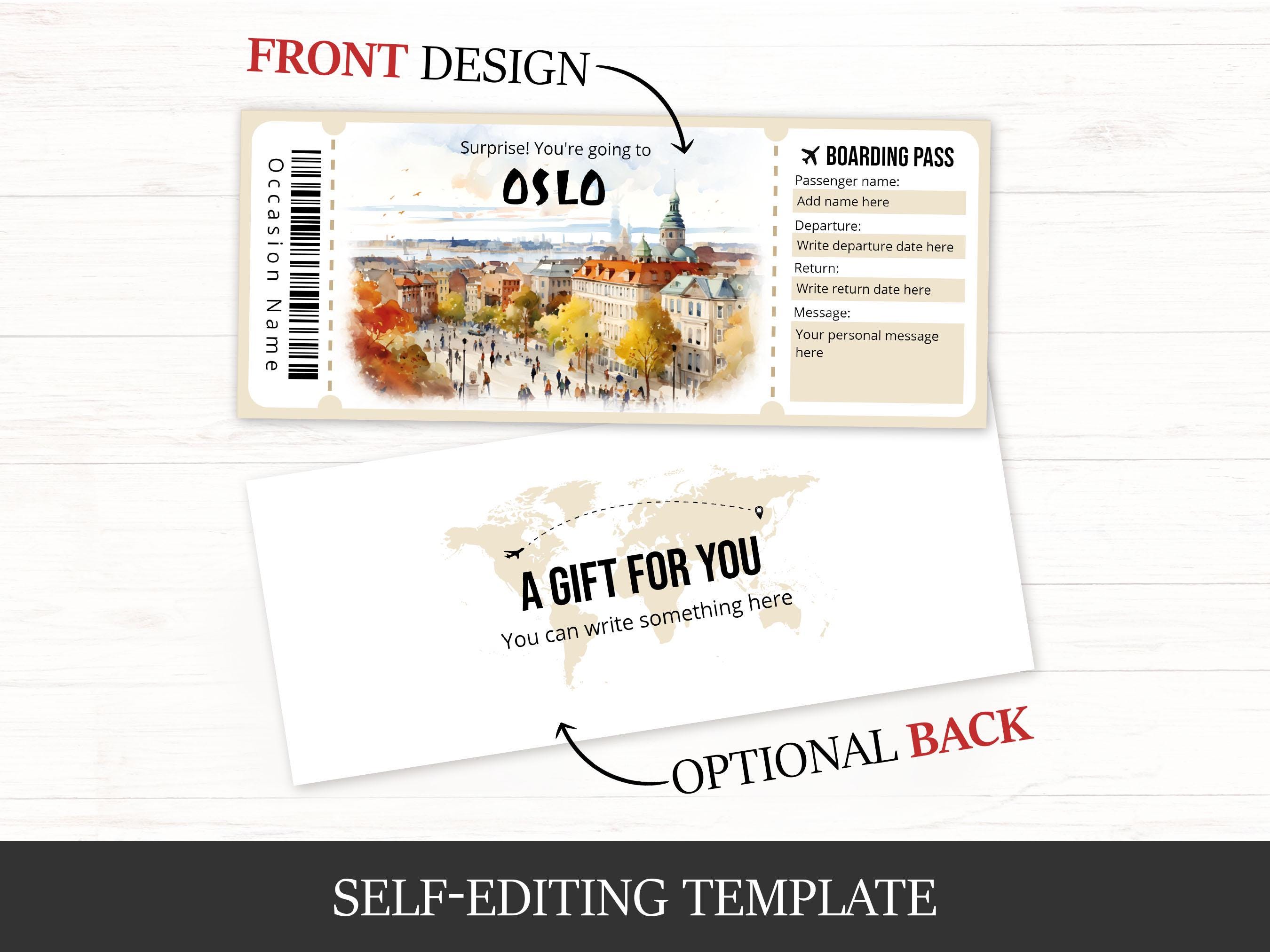 Editable Oslo Boarding Pass Template, Surprise Watercolor Oslo Norway ...