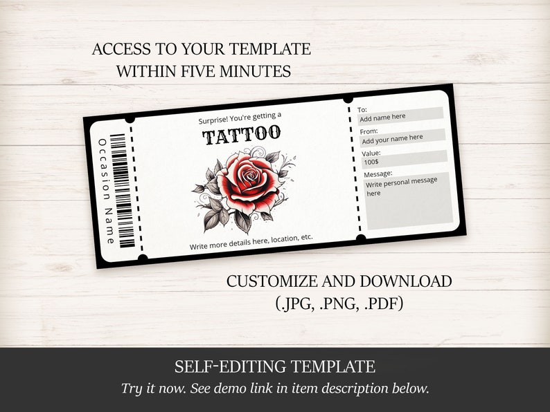 Surprise Tattoo Ticket Template, Customizable and Printable Tattoo ...