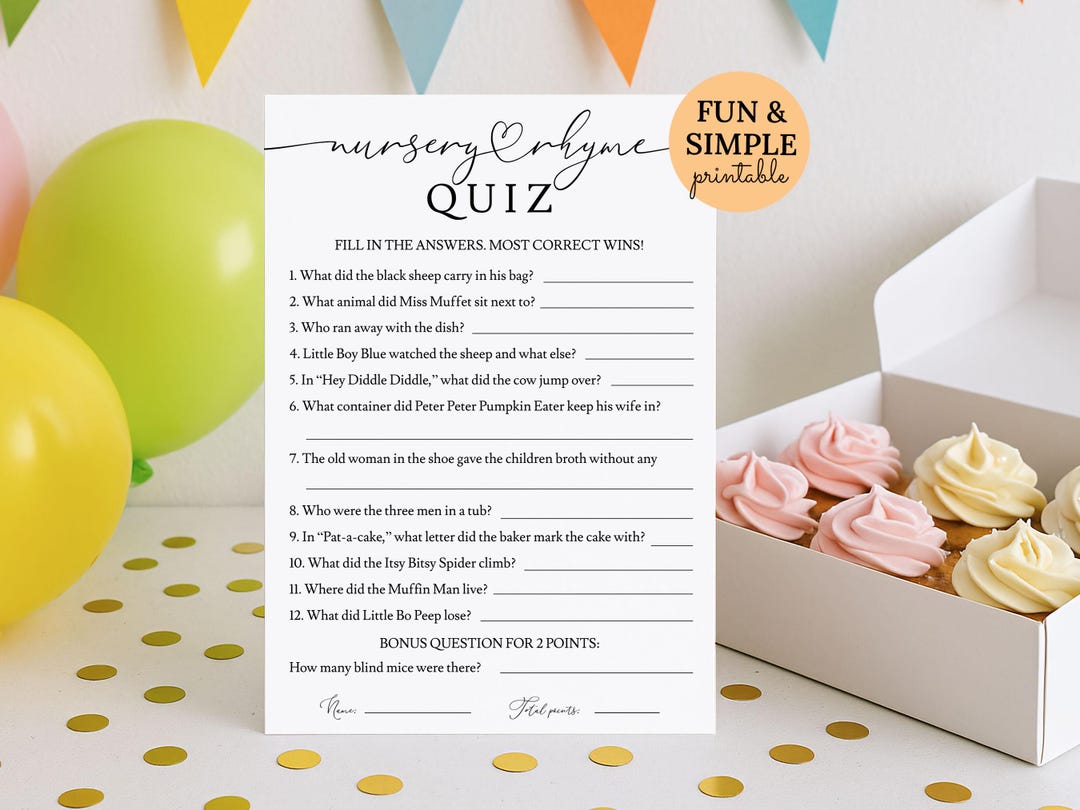 Nursery Rhyme Quiz Baby Shower Game With Answers, Simple Printable ...
