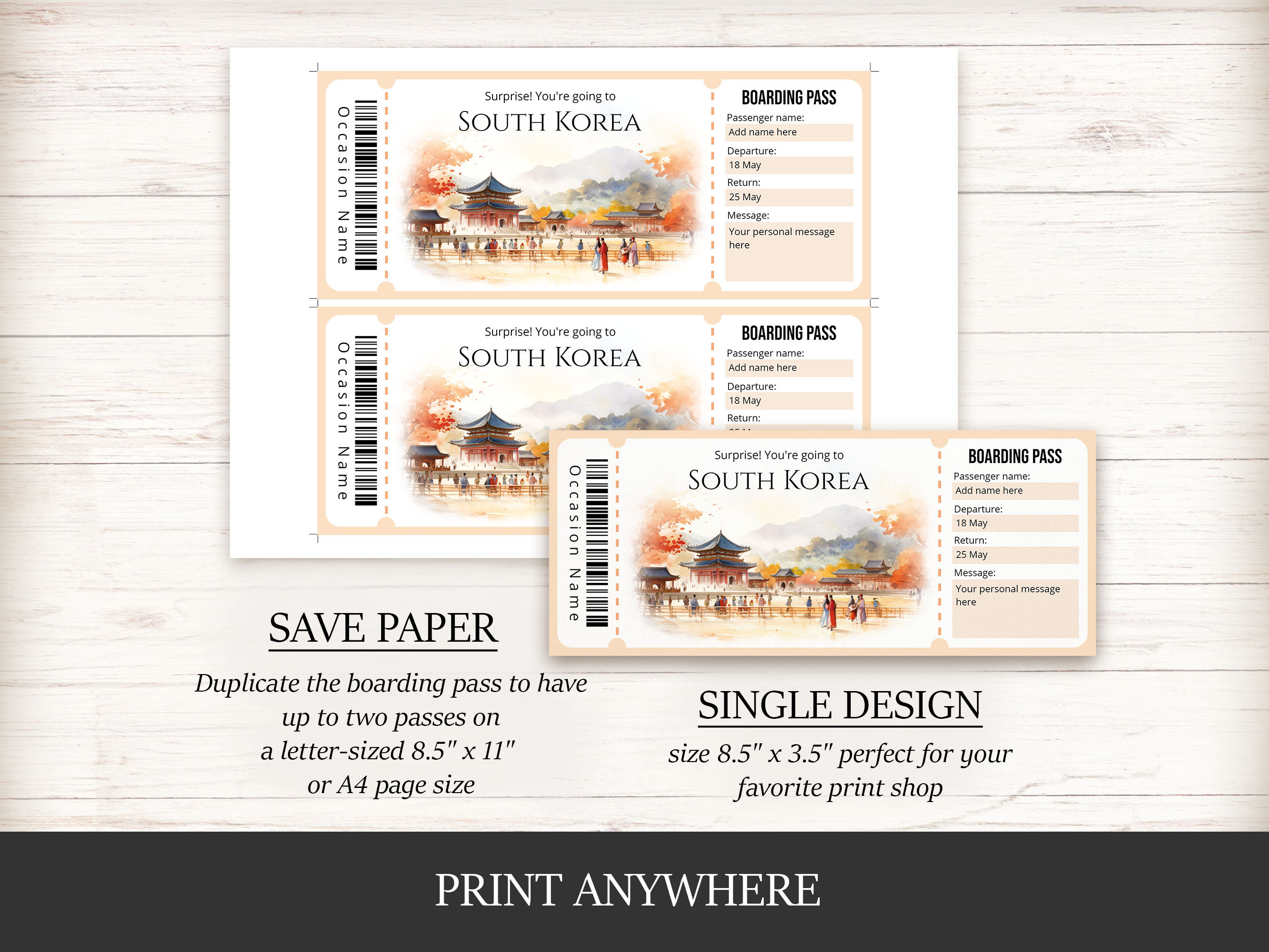 Editable South Korea Boarding Pass Template Watercolor - Etsy