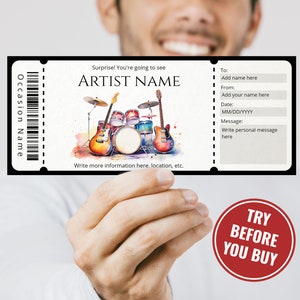 Editable Concert Ticket Template, Printable Custom Concert Ticket Gift ...