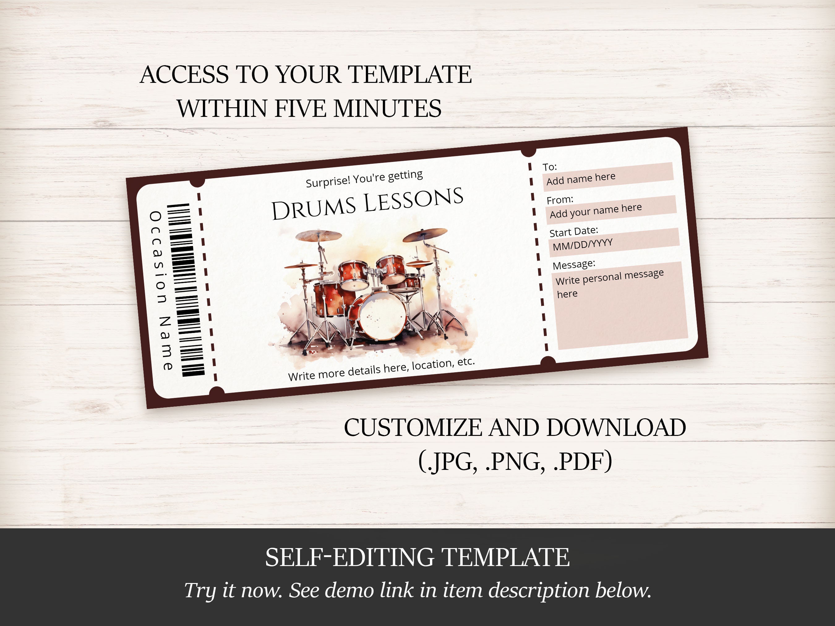 Editable Drum Lessons Gift Certificate Template for Drum Lovers ...