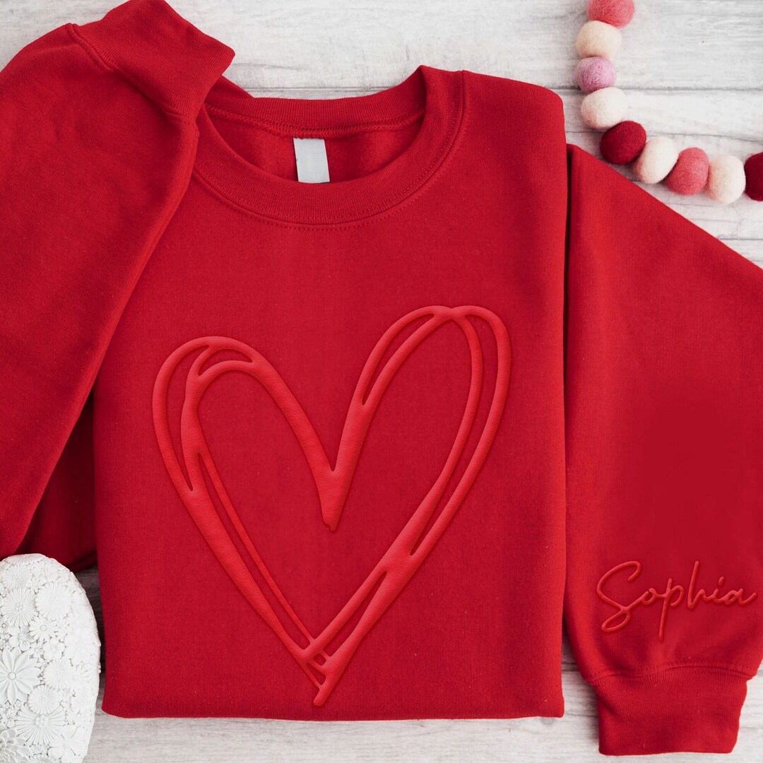 Custom Name Puff Double Heart Puff Sweatshirt Hearts Embossed