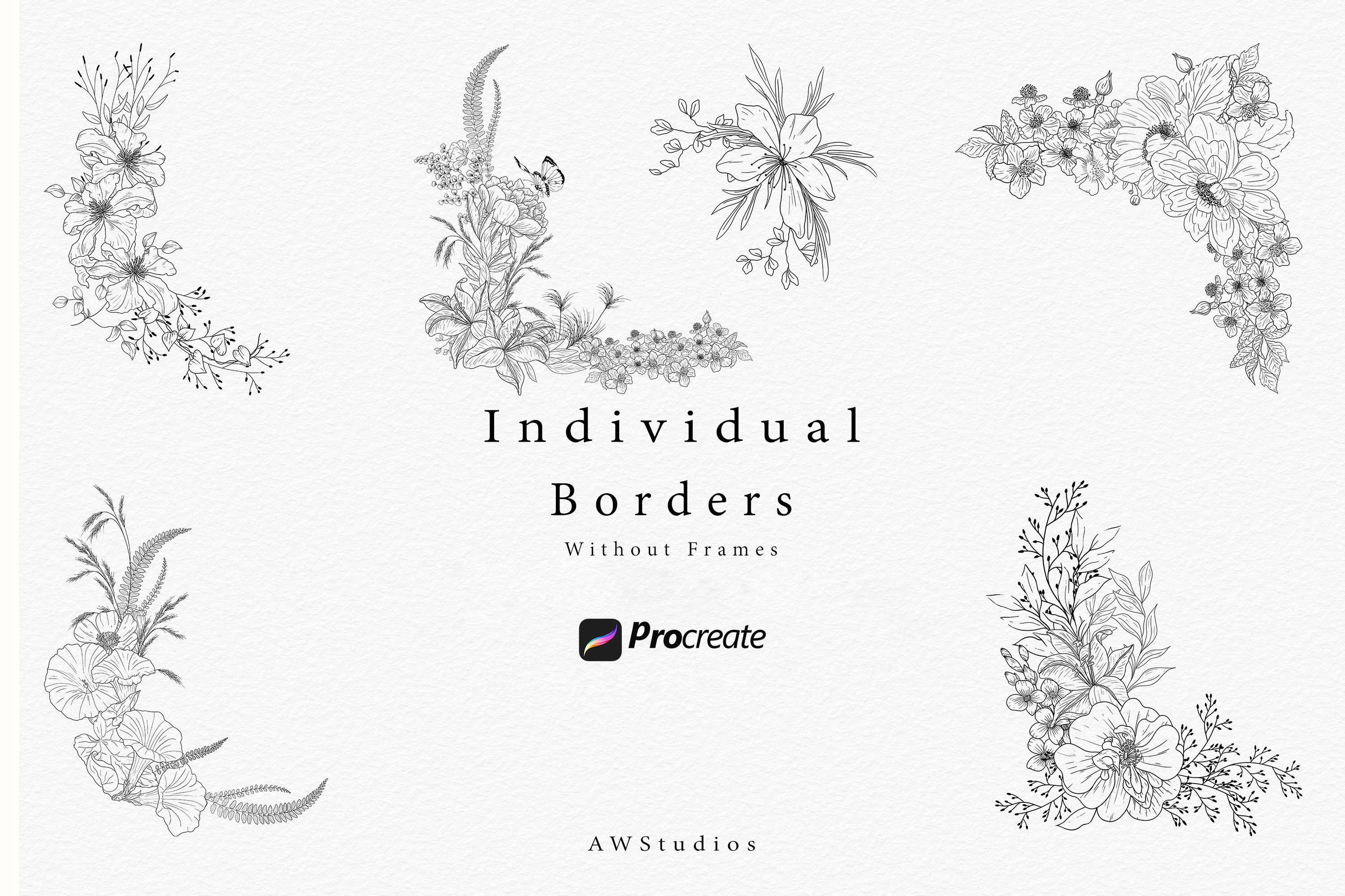 Procreate Floral Line Art, Wildflower Border Stamps, Procreate Brushes ...