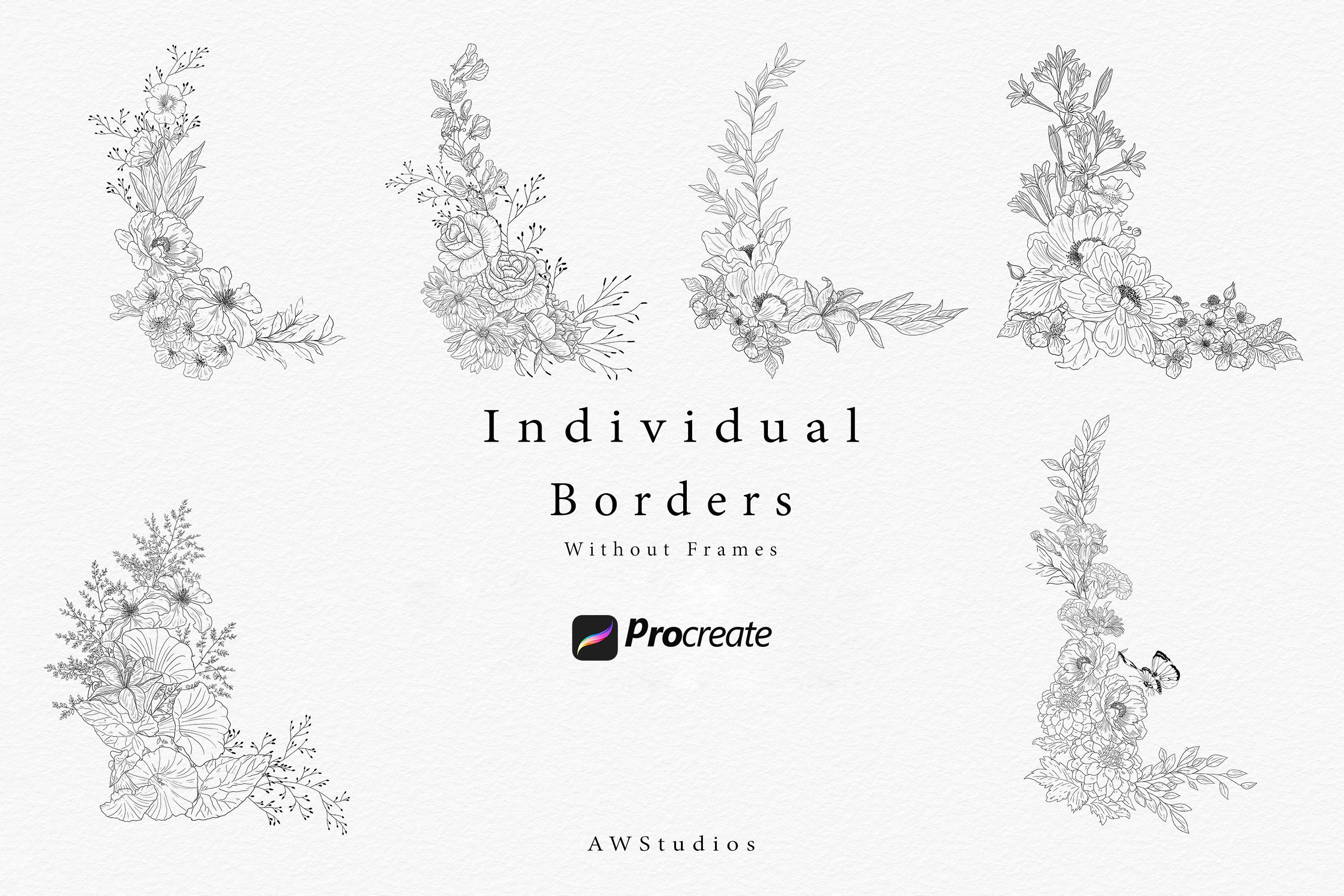 Procreate Floral Line Art, Wildflower Border Stamps, Procreate Brushes ...
