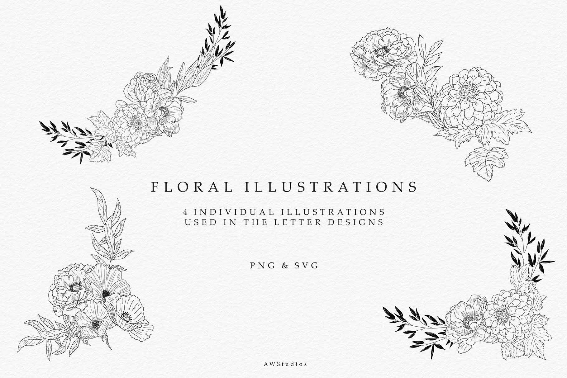Floral Alphabet Line Art SVG, Hand Drawn Botanical Peony Letters ...