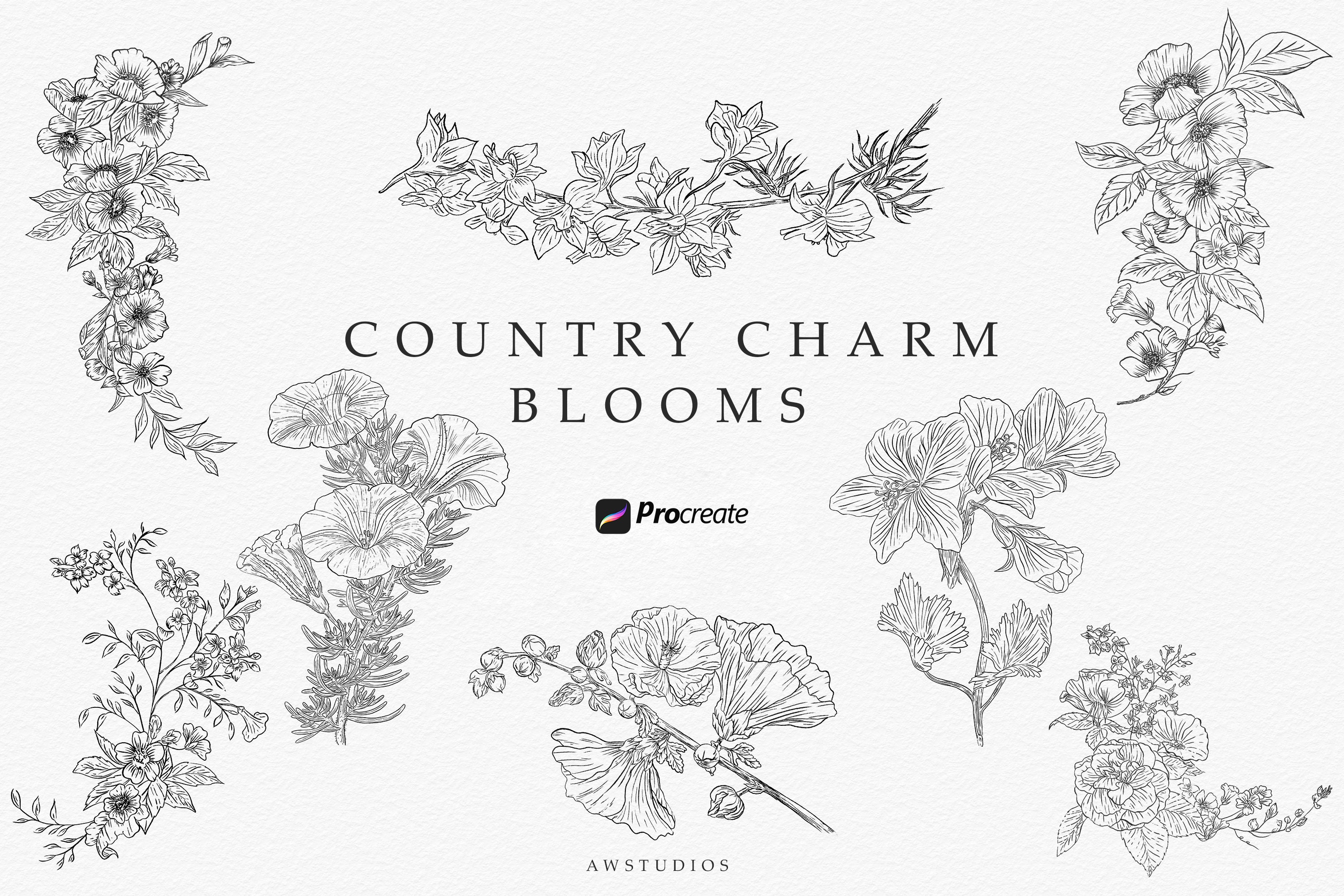 Procreate Floral Line Art, Procreate Flower Stamps, Procreate Brushes ...