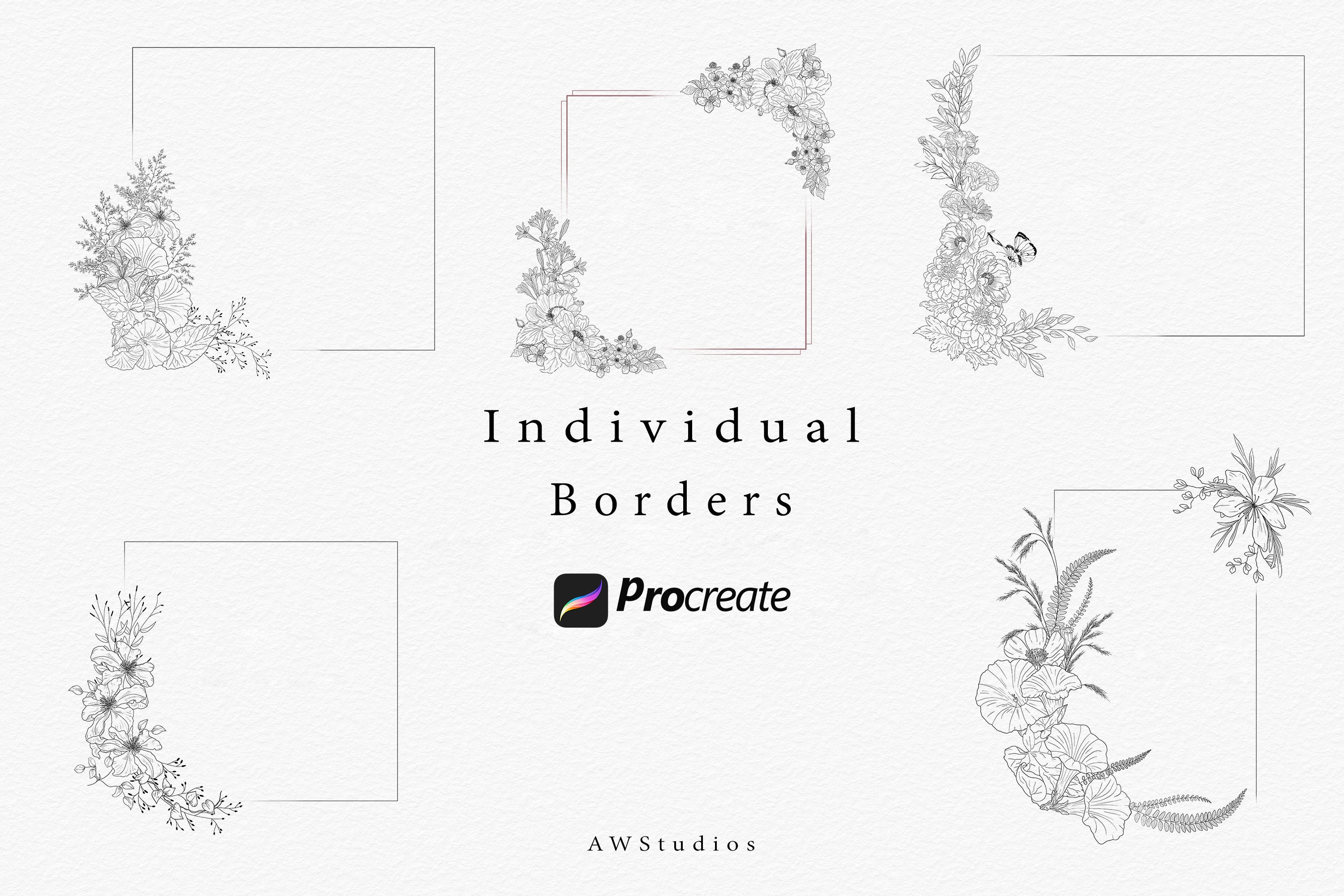 Procreate Floral Line Art, Wildflower Border Stamps, Procreate Brushes ...