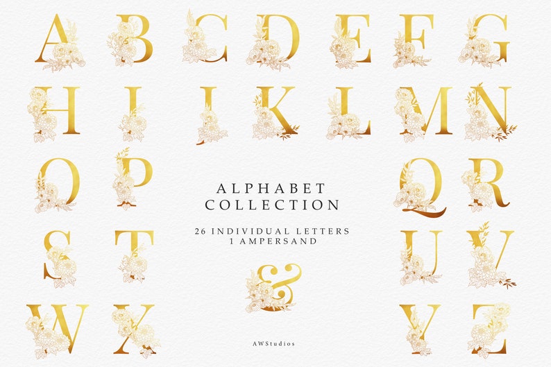 Floral Alphabet Letters, Complete Alphabet Set, Floral Clip Art, Floral ...