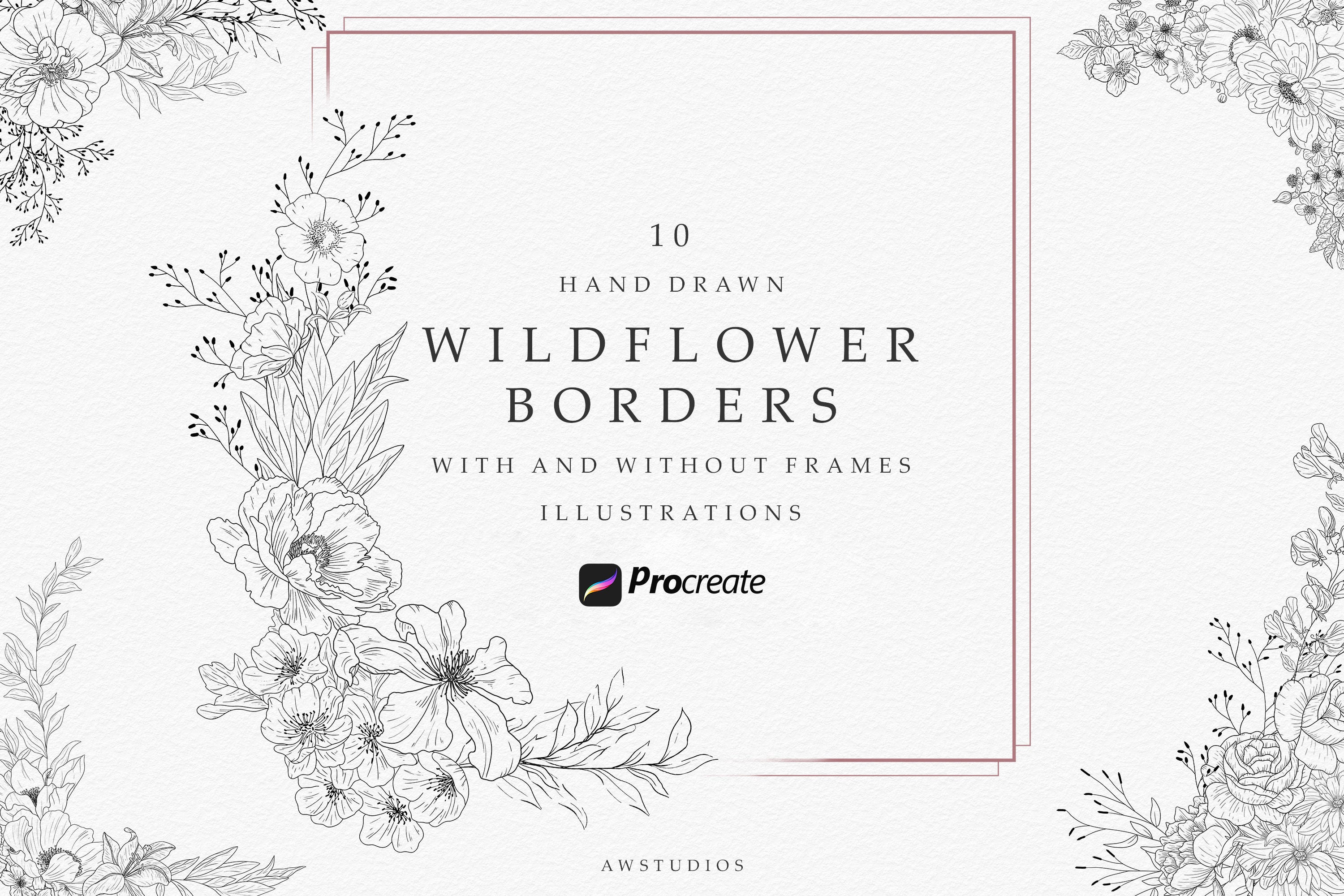 Procreate Floral Line Art, Wildflower Border Stamps, Procreate Brushes ...