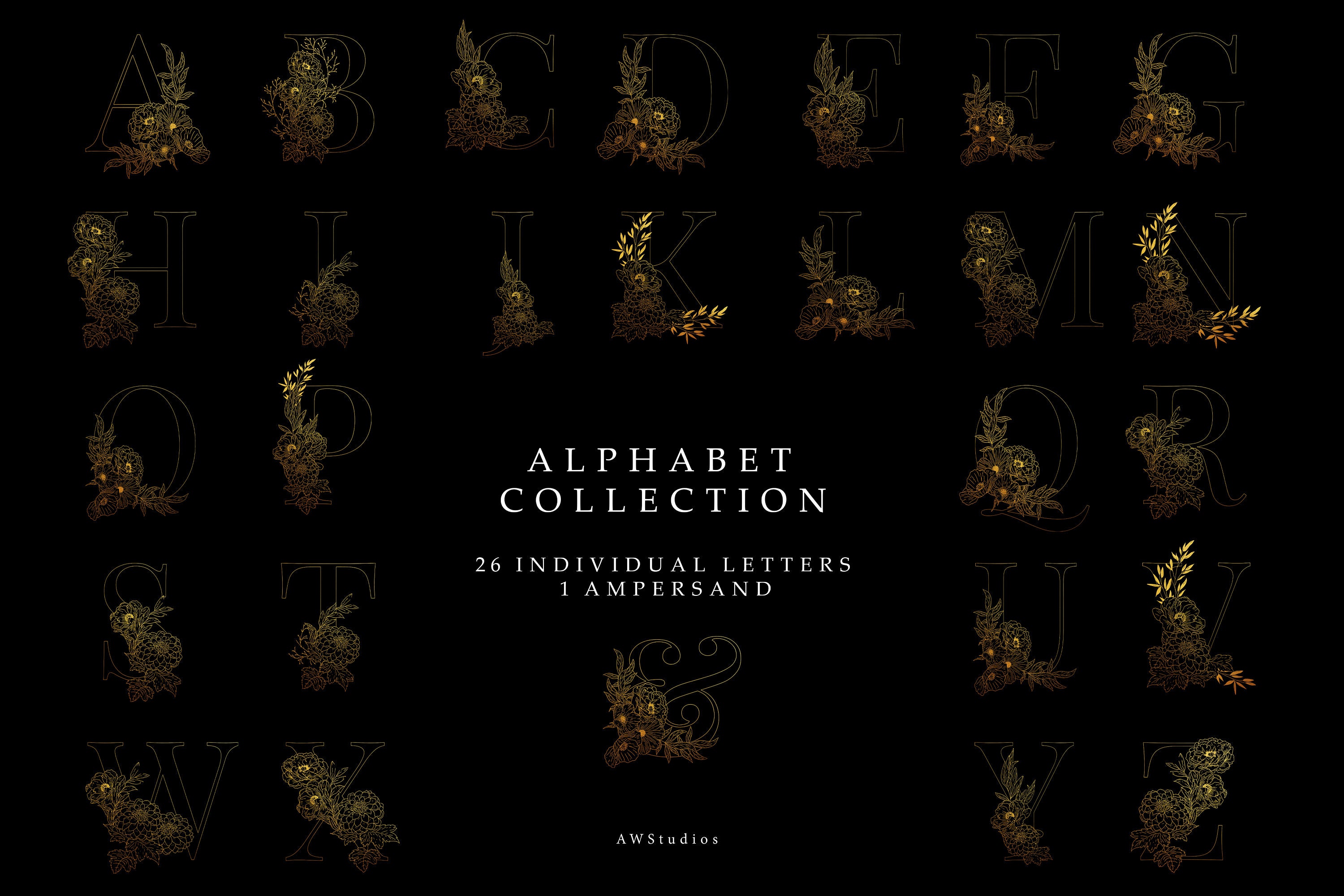 Floral Alphabet Letters, Complete Alphabet Set, Floral Clip Art, Floral ...