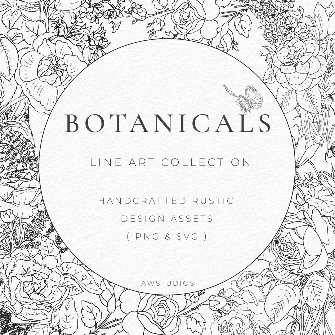 Botanical Line Art Clipart, Rustic Floral Designs (PNG & SVG) - Etsy ...