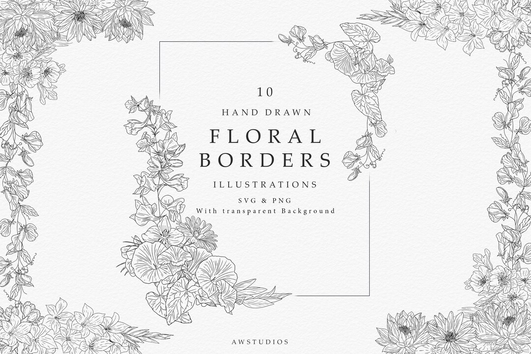 Wildflower Line Art Borders, Floral Line Art Borders, Floral ...