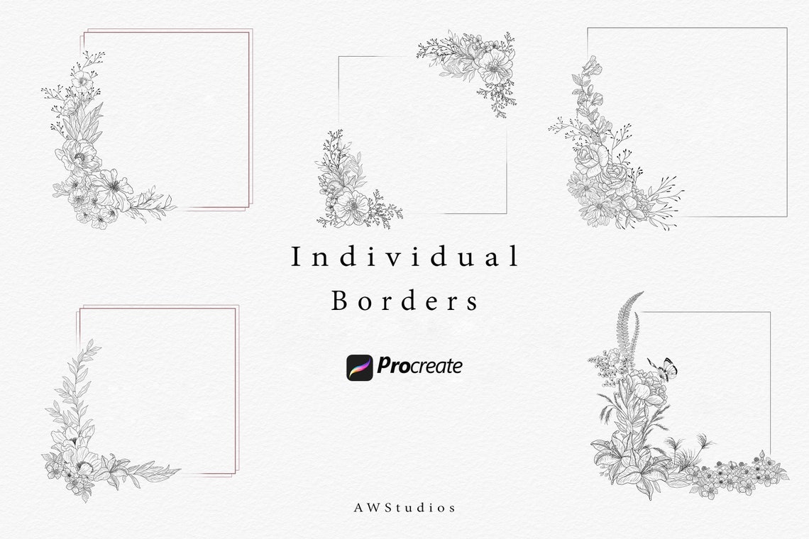 Procreate Floral Line Art, Wildflower Border Stamps, Procreate Brushes ...