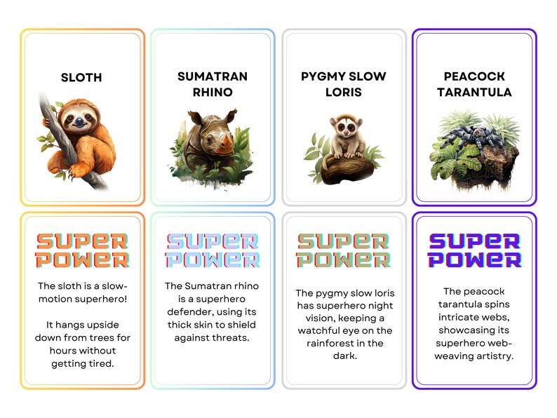 31 Rainforest Animals + 31 Matching Superpowers Flash Cards, Educational Printable Cards ...