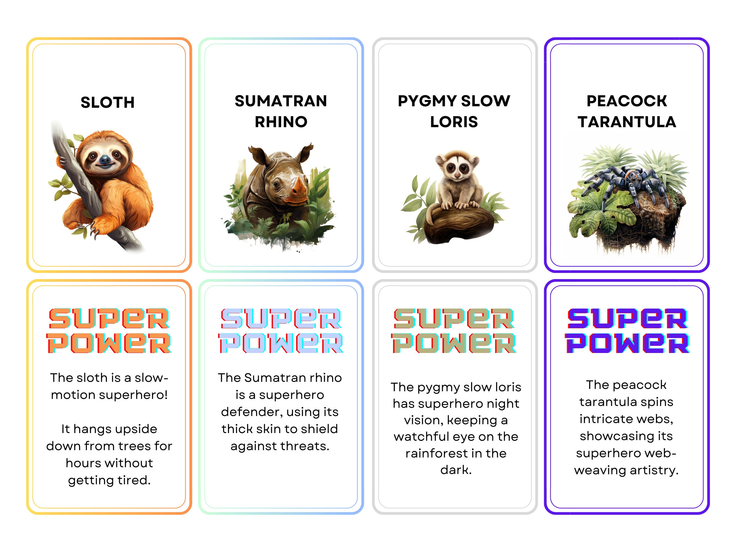 31 Rainforest Animals + 31 Matching Superpowers Flash Cards, Educational Printable Cards ...