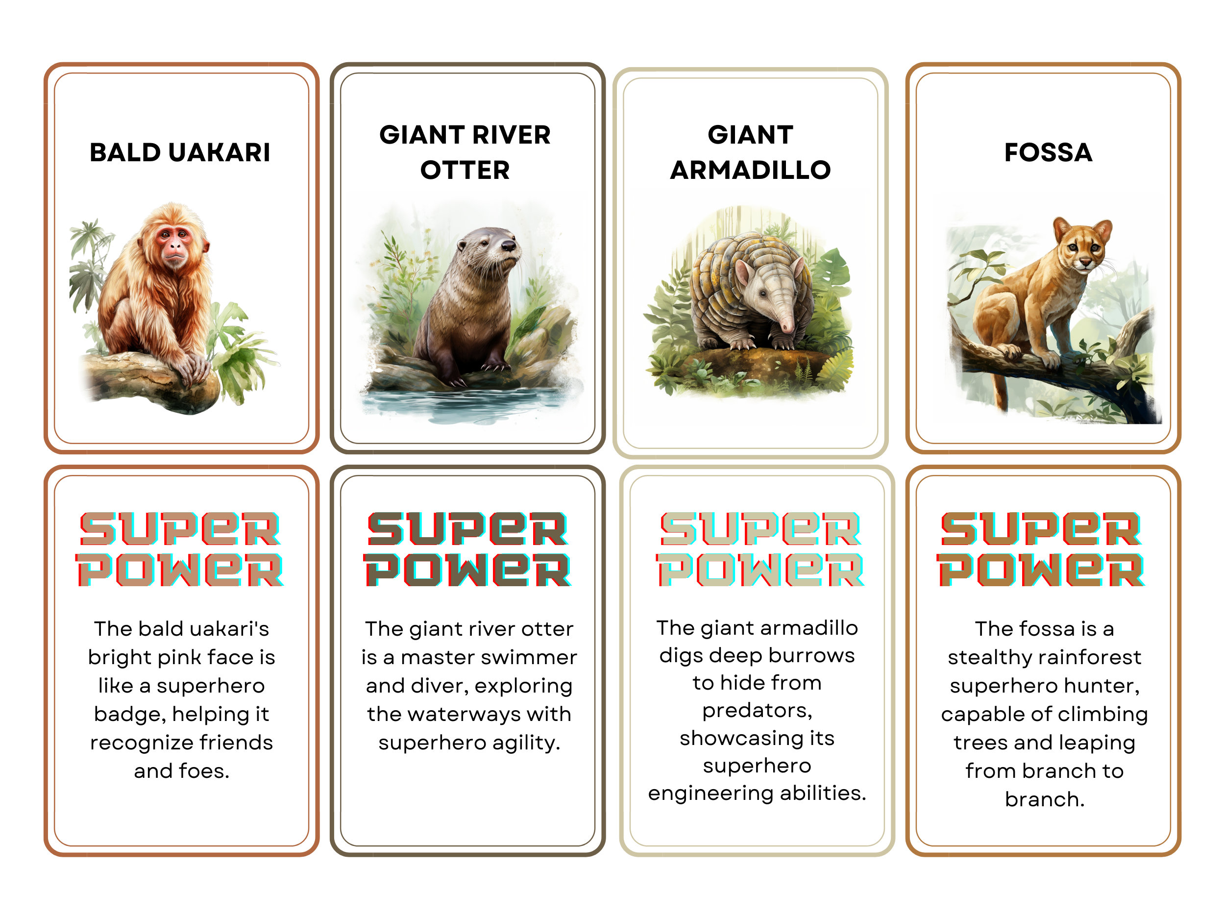31 Rainforest Animals + 31 Matching Superpowers Flash Cards, Educational Printable Cards ...