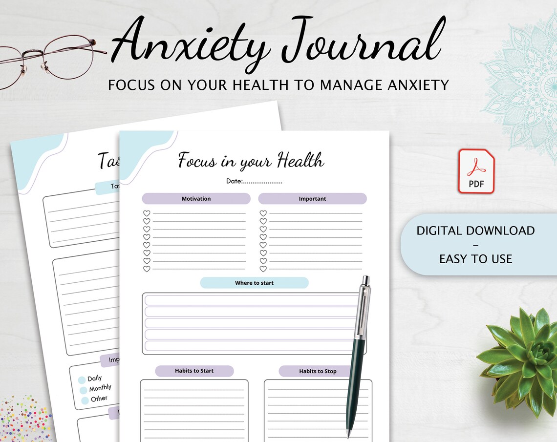 Anxiety Journal Printable, Self-care Workbook for Anxiety, Mental ...